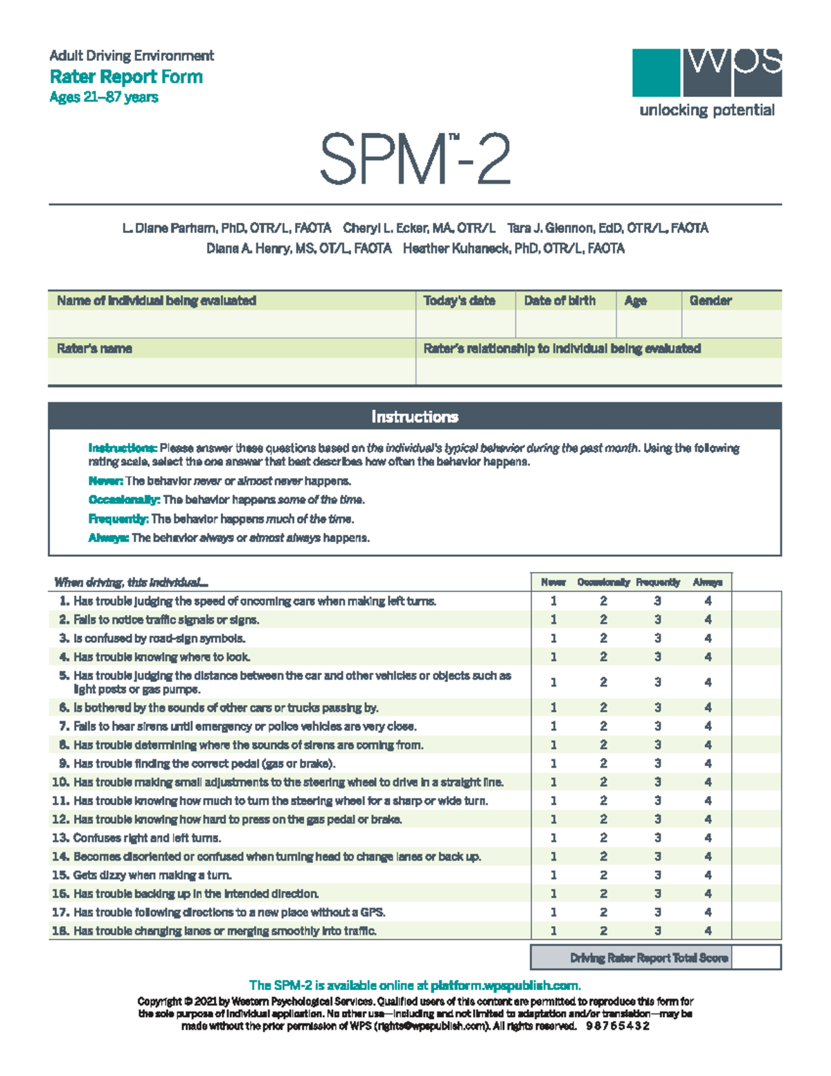 Adult Driving Environment Rater Report Form (SPM 2) - English & Spanish ...