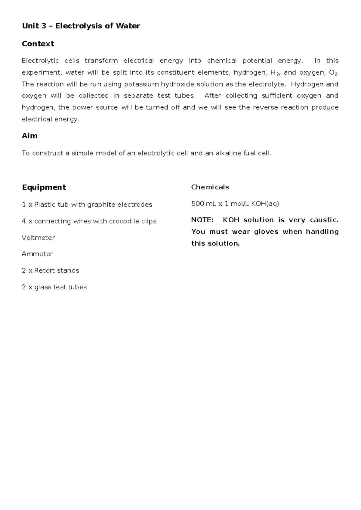 3.17 - Practical Experiment: Electrolysis of Water Process - Studocu
