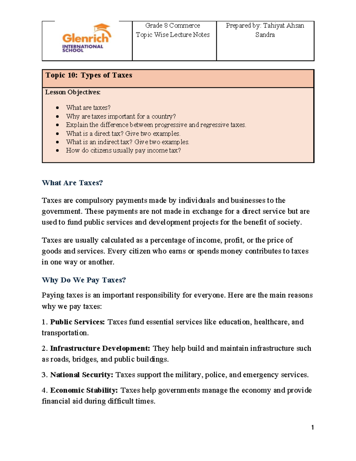 Grade 8 Commerce Topic 10: Types of Taxes Lecture Notes - Studocu