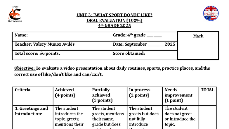 4th Grade Oral Evaluation: Unit 3 - What Sport Do You Like? 2025 - Studocu
