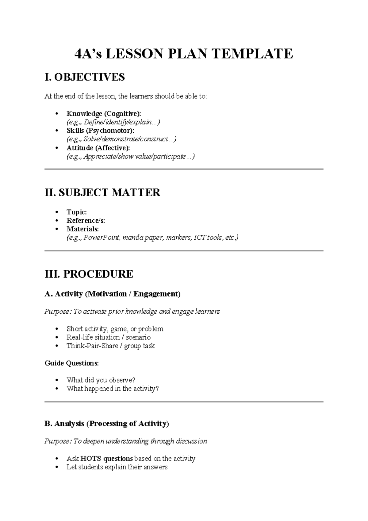 EDUC 101: 4As Lesson Plan Template for Effective Teaching - Studocu