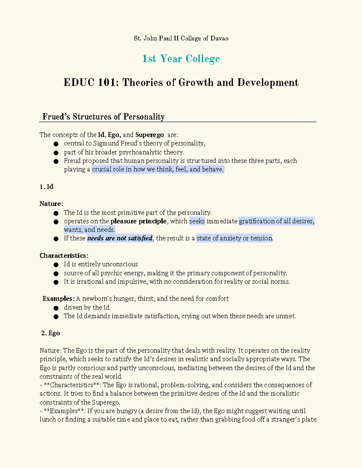 EDUC 101: Theories of Growth & Development - Personality Structures - Studocu