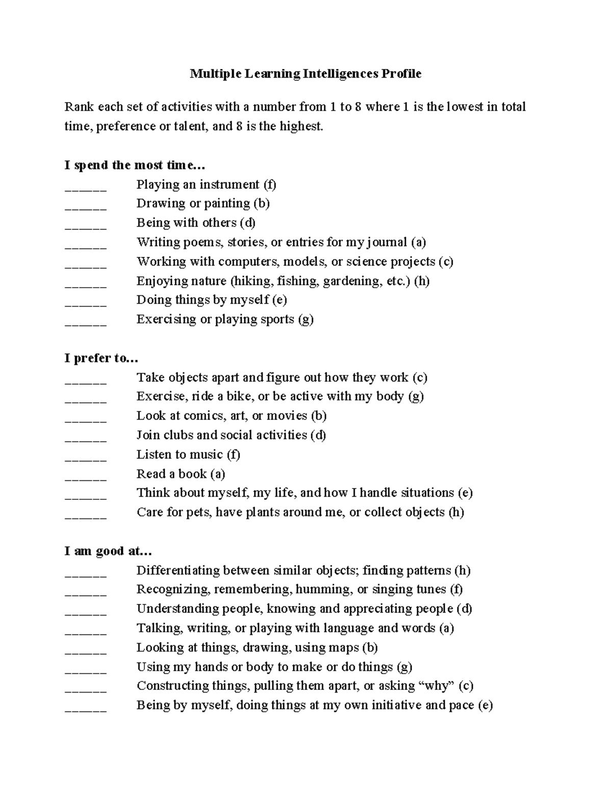 Multiple Learning Intelligences Profile Assessment - Studocu