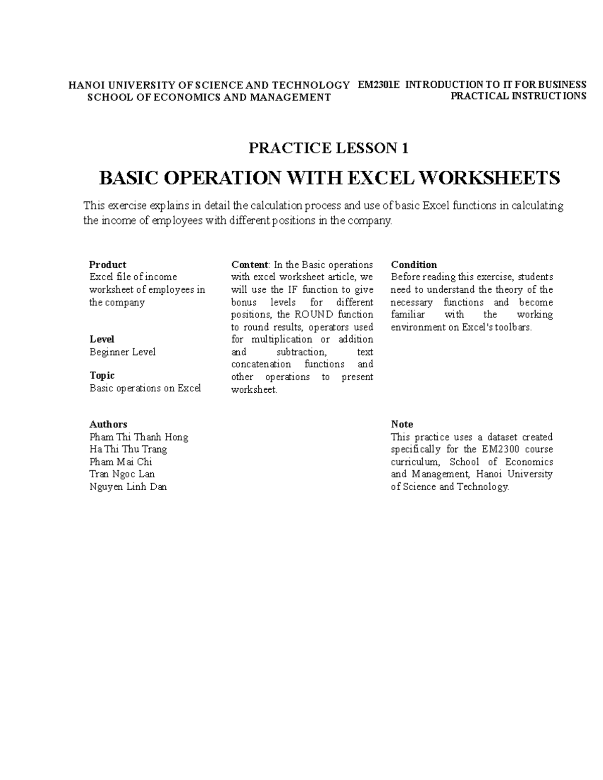 EM2301E Practical Class 1: Basic Excel Operations for Business - Studocu