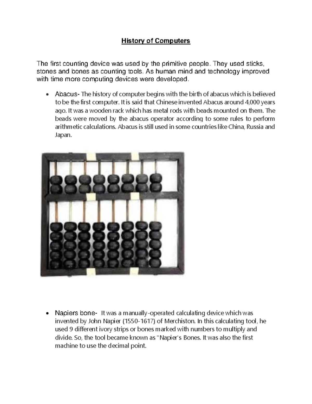 Generation of Computers - History of Computers The first counting ...