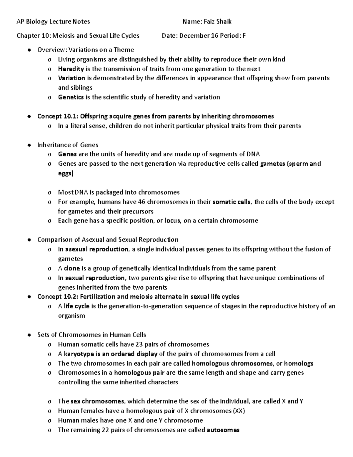 AP Biology Lecture Chapter 10: Meiosis & Sexual Life Cycle Notes - Studocu