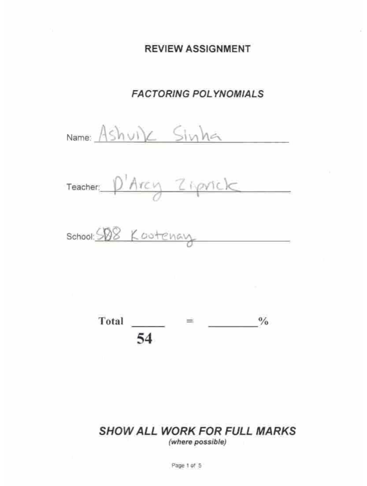REVIEW ASSIGNMENT: FACTORING POLYNOMIALS (S08) - Studocu