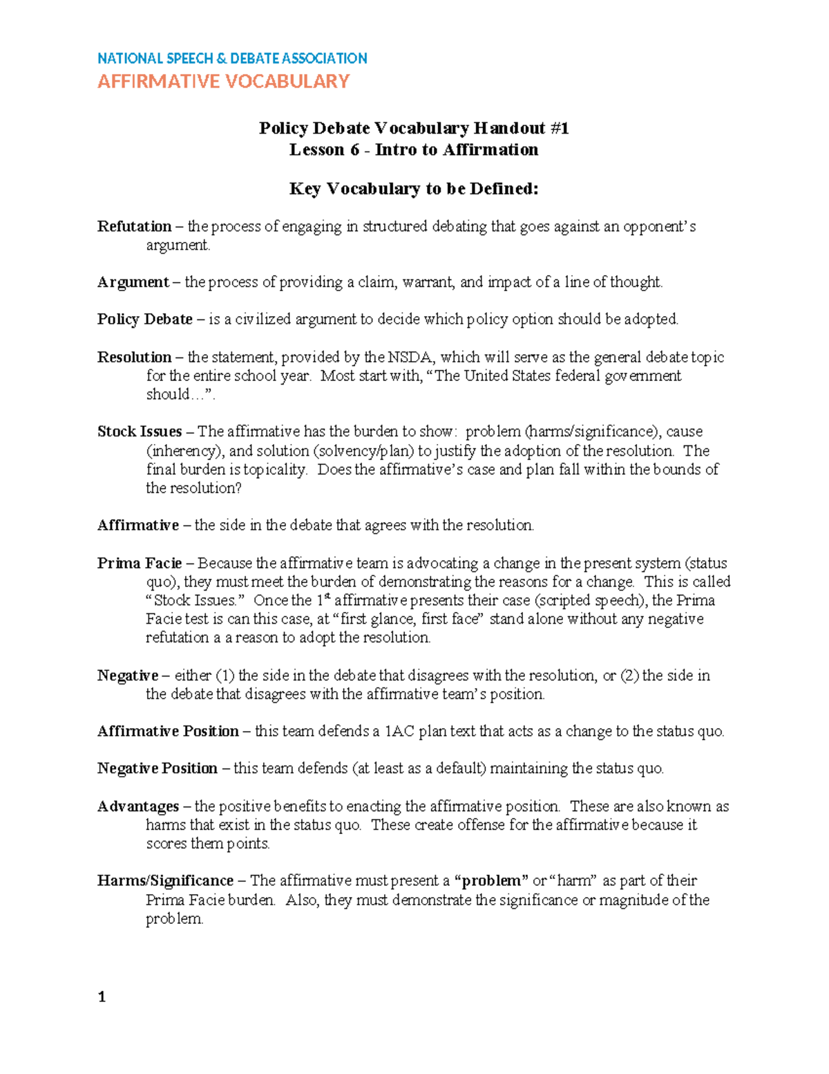 CX.AFF - Vocabulary about debate - NATIONAL SPEECH & DEBATE ASSOCIATION ...