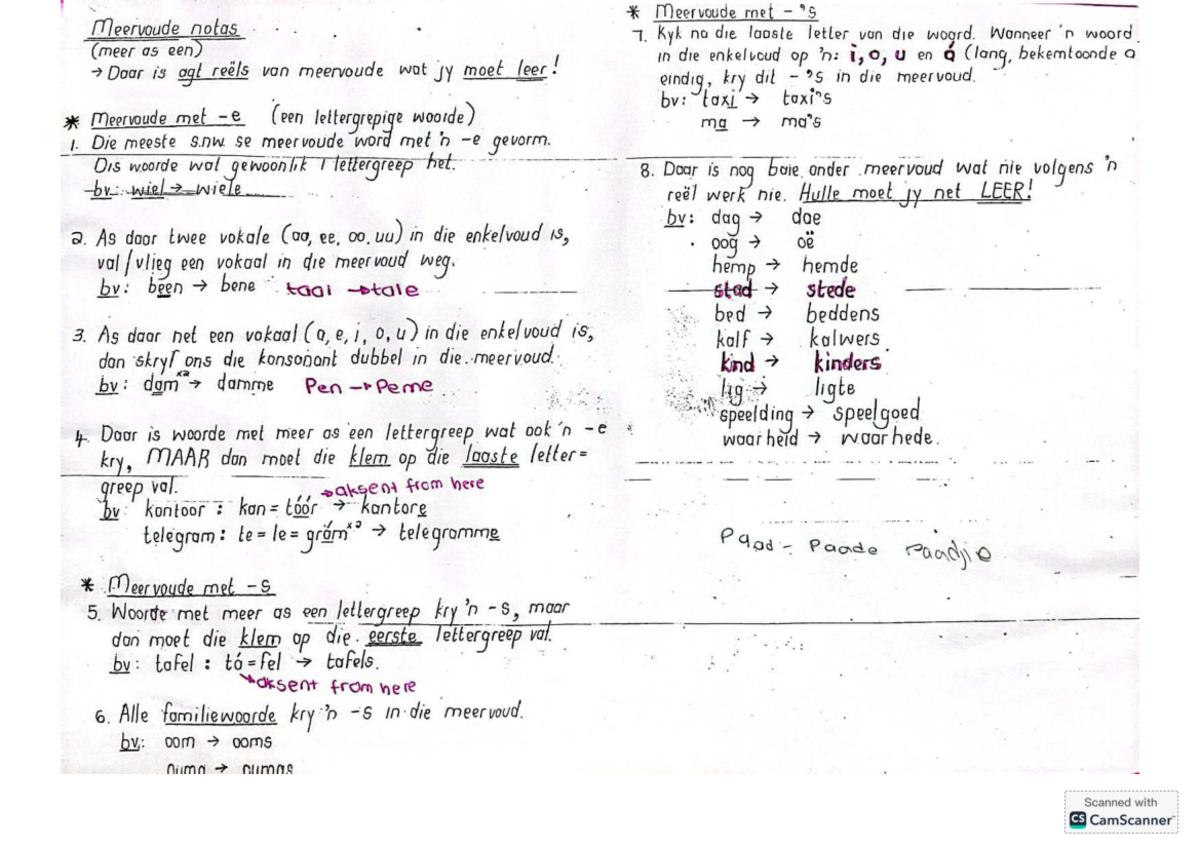 Meervoude notas 7: Leer die agt reels van meervoude in Afrikaans - Studocu