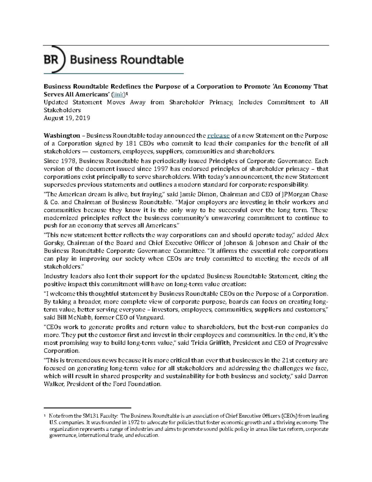 Business Roundtable Corporate Purpose Statement: A Stakeholder Approach ...