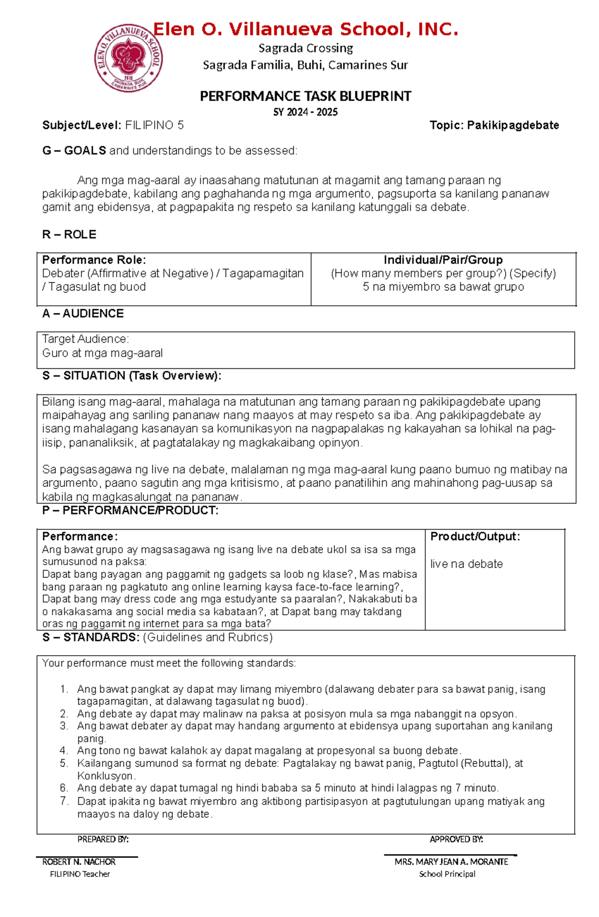 Filipino 5 Performance Task Blueprint: Pakikipagdebate SY 2024-2025 ...