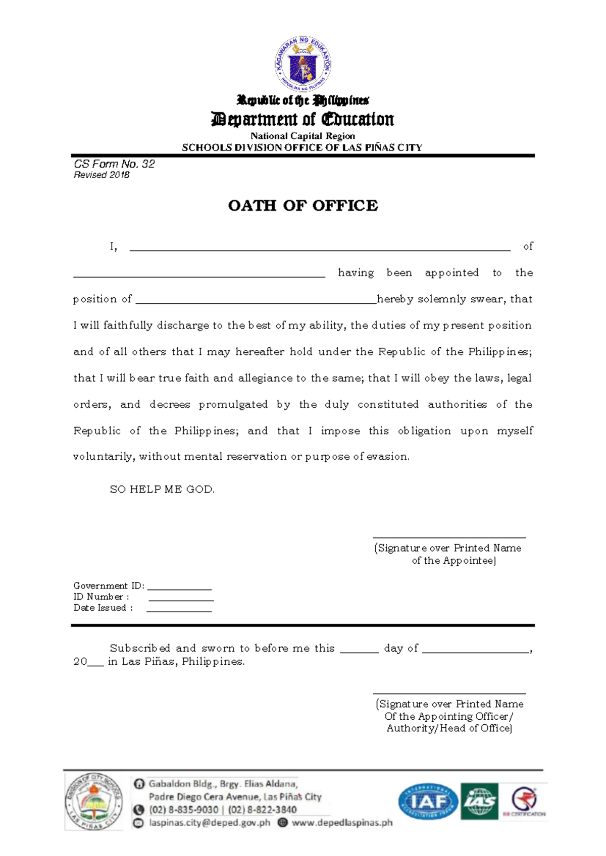Oath-of-Office-CS-Form-No.-32-Revised-2018_LASPINAS CITY - Republic of ...