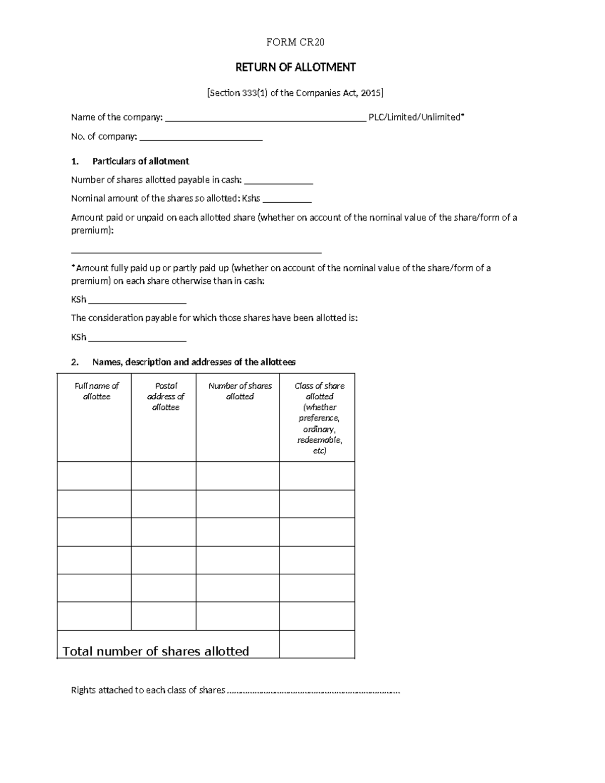 CR20 - Return of Allotment Form for Company Registration - Studocu