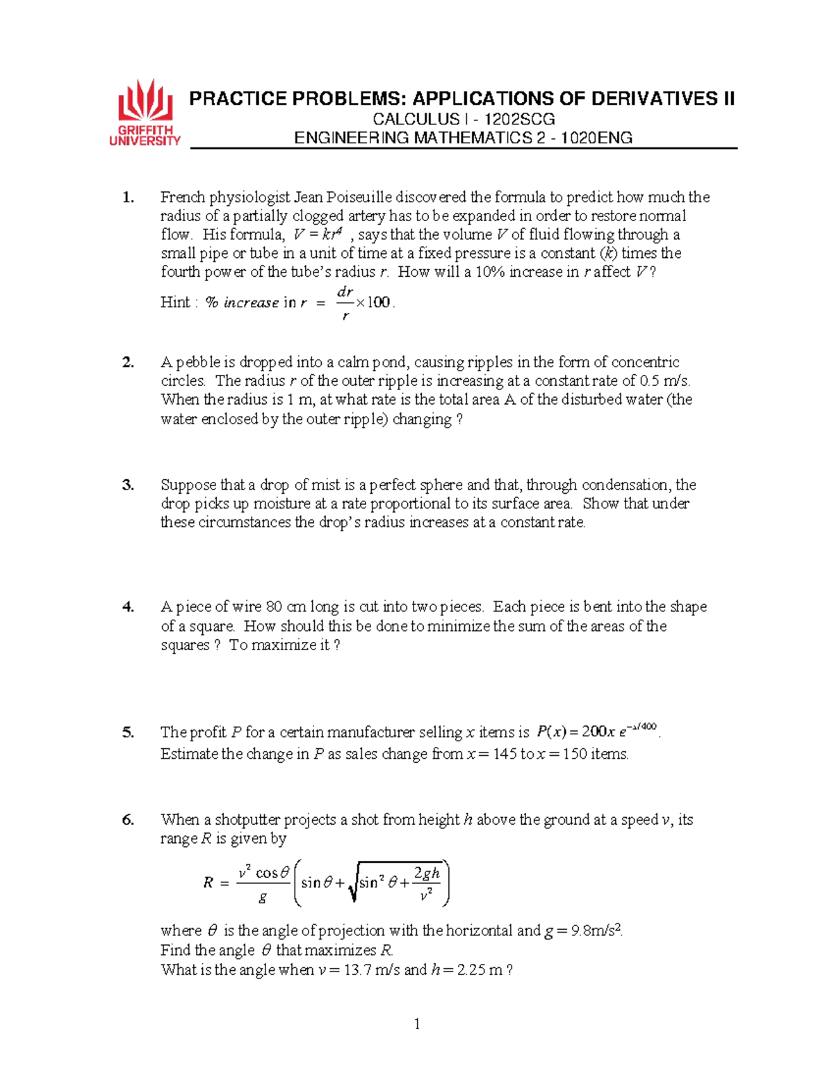 Applications of Derivatives II Practice Problems - CALCULUS I 1202SCG ...