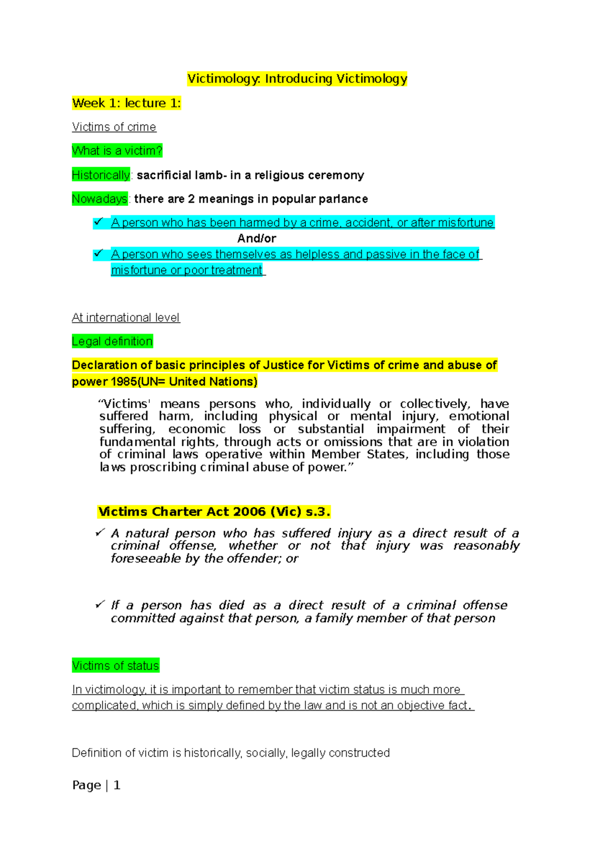 Lecture Notes AND Tutorial 1 - Victimology: Introducing Victimology ...