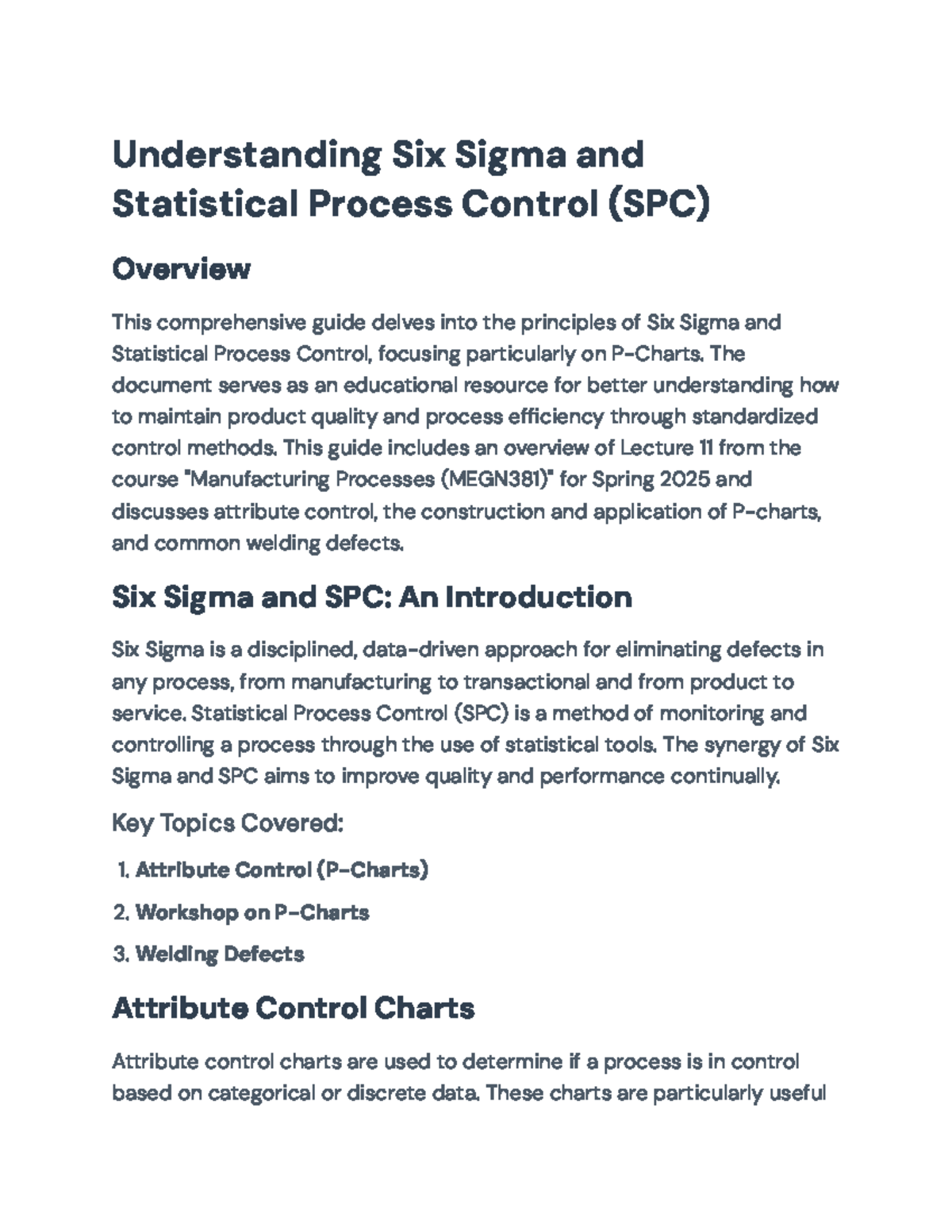 Six Sigma and SPC: P-Charts and Welding Defects Overview (MEGN381 ...