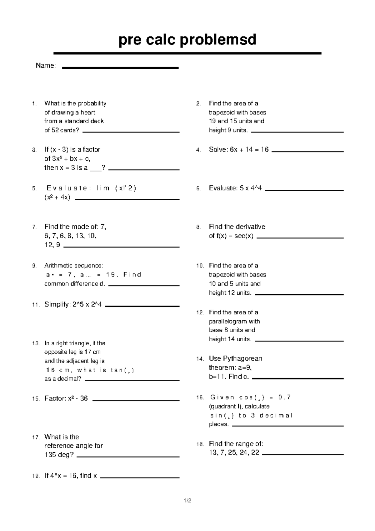 Pre Calc Problems: Practice Questions and Solutions - Studocu