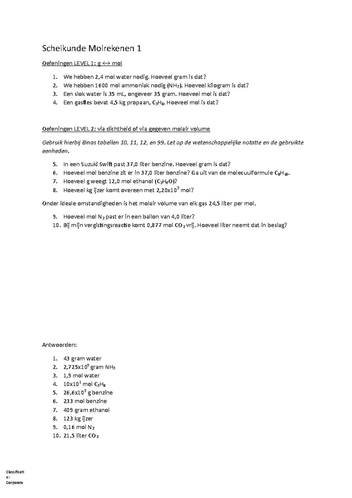 Scheikunde (Chemistry) Oefeningen Molrekenen - Niveau 1 & 2 - Studeersnel