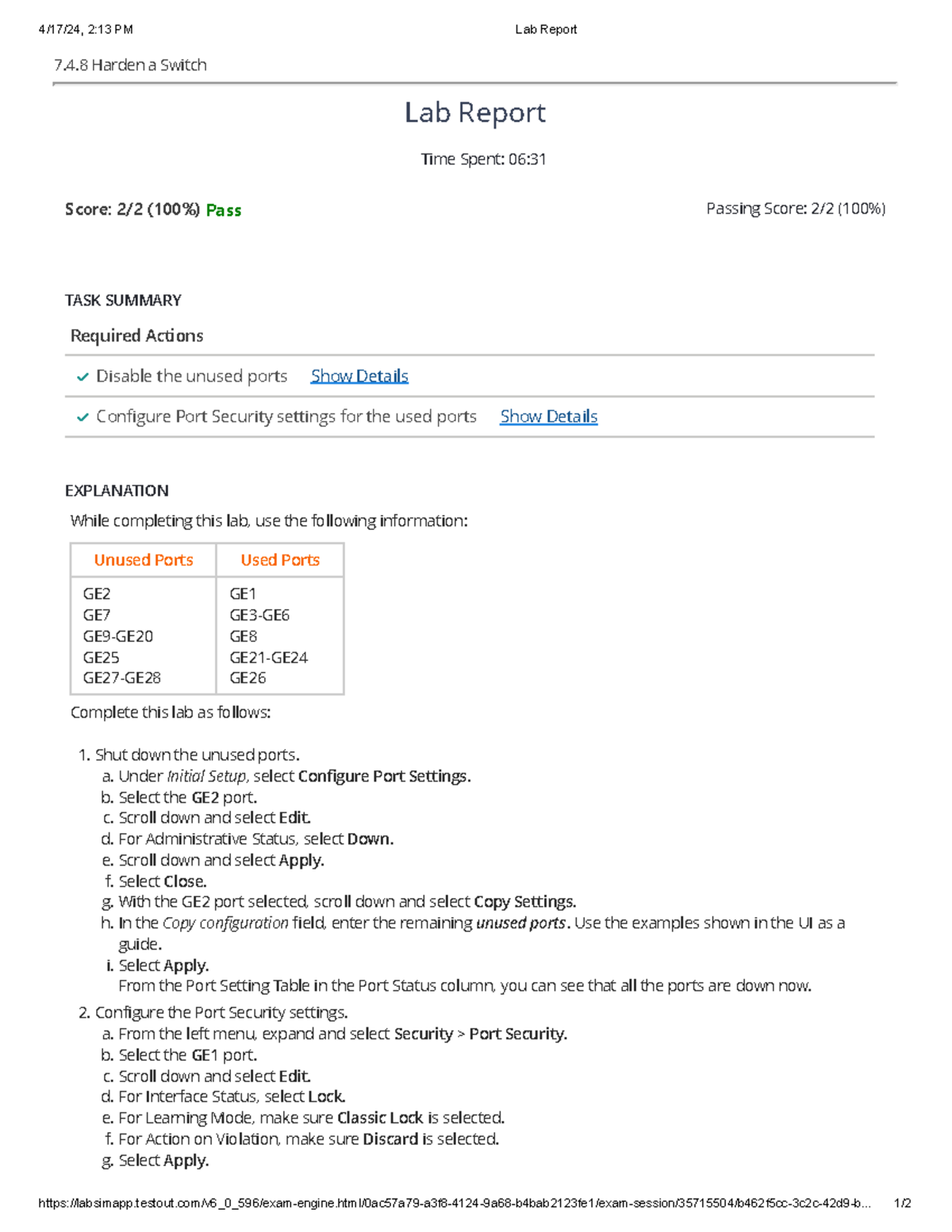 Lab Report: CompTIA 9 a.2.4 - Switch Hardening & Port Security - Studocu