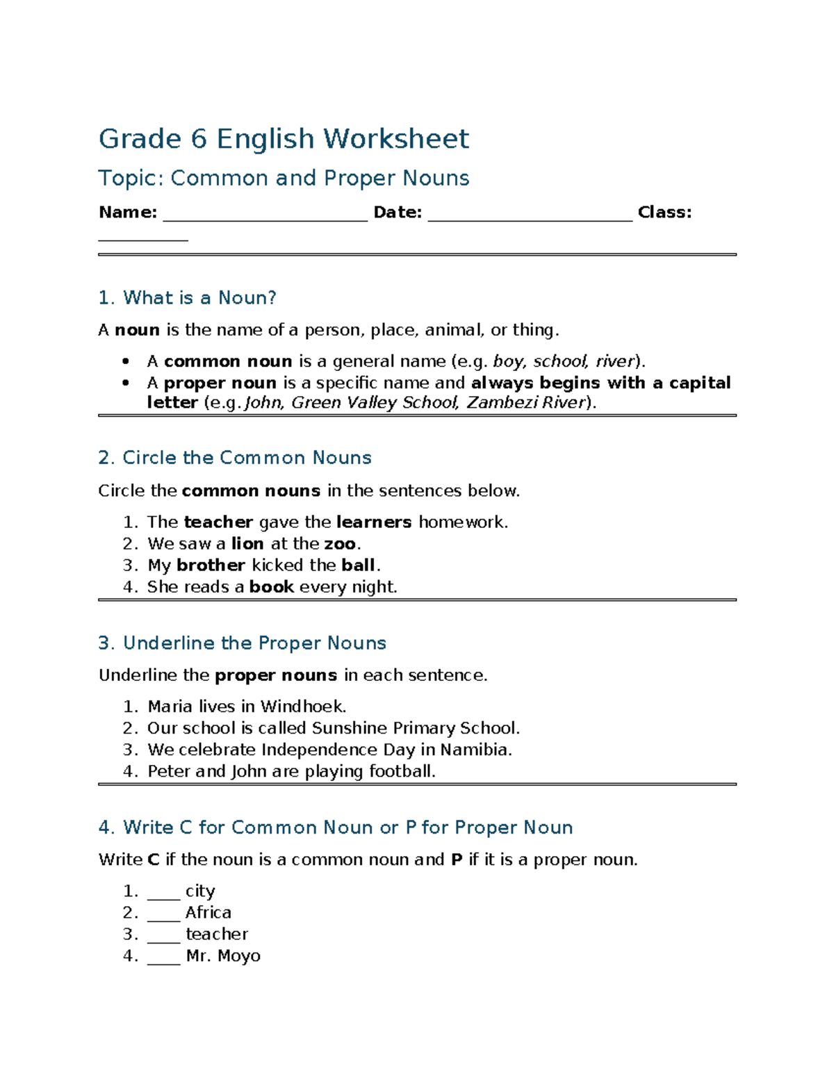 Grade 6 English Worksheet: Common & Proper Nouns - Studocu