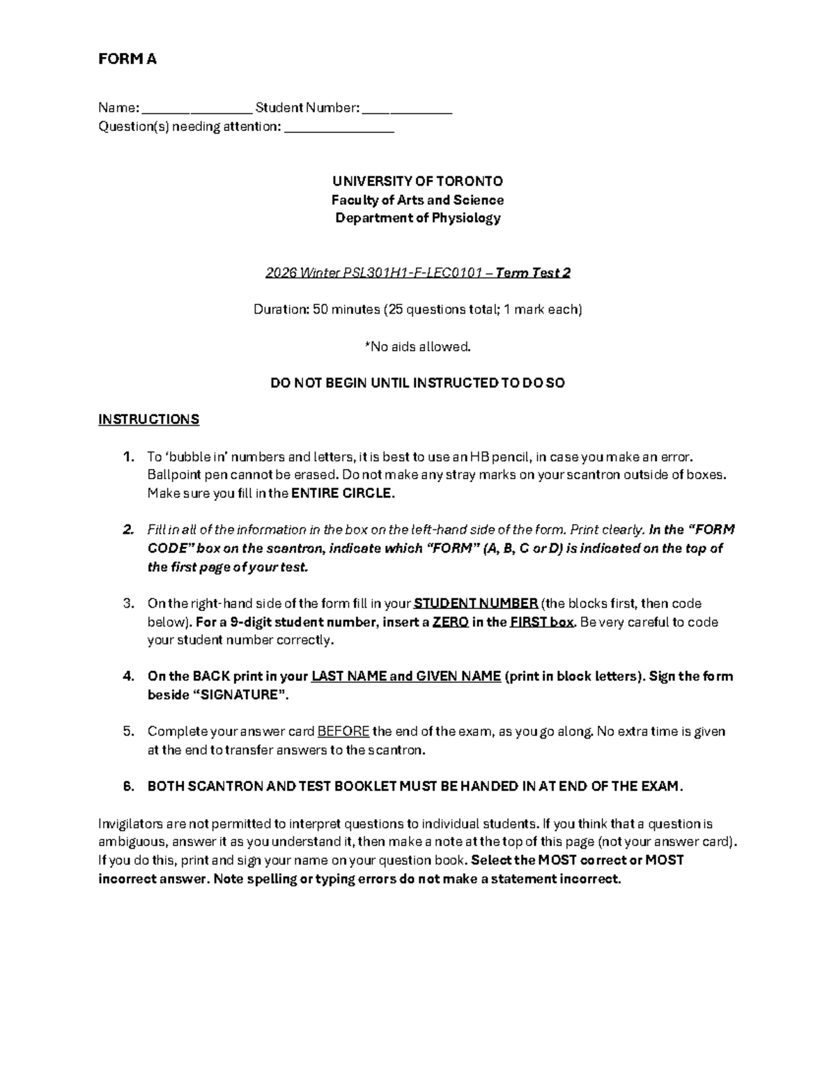 PSL301 Winter 2026 Test 2 Answers - Form A - Studocu
