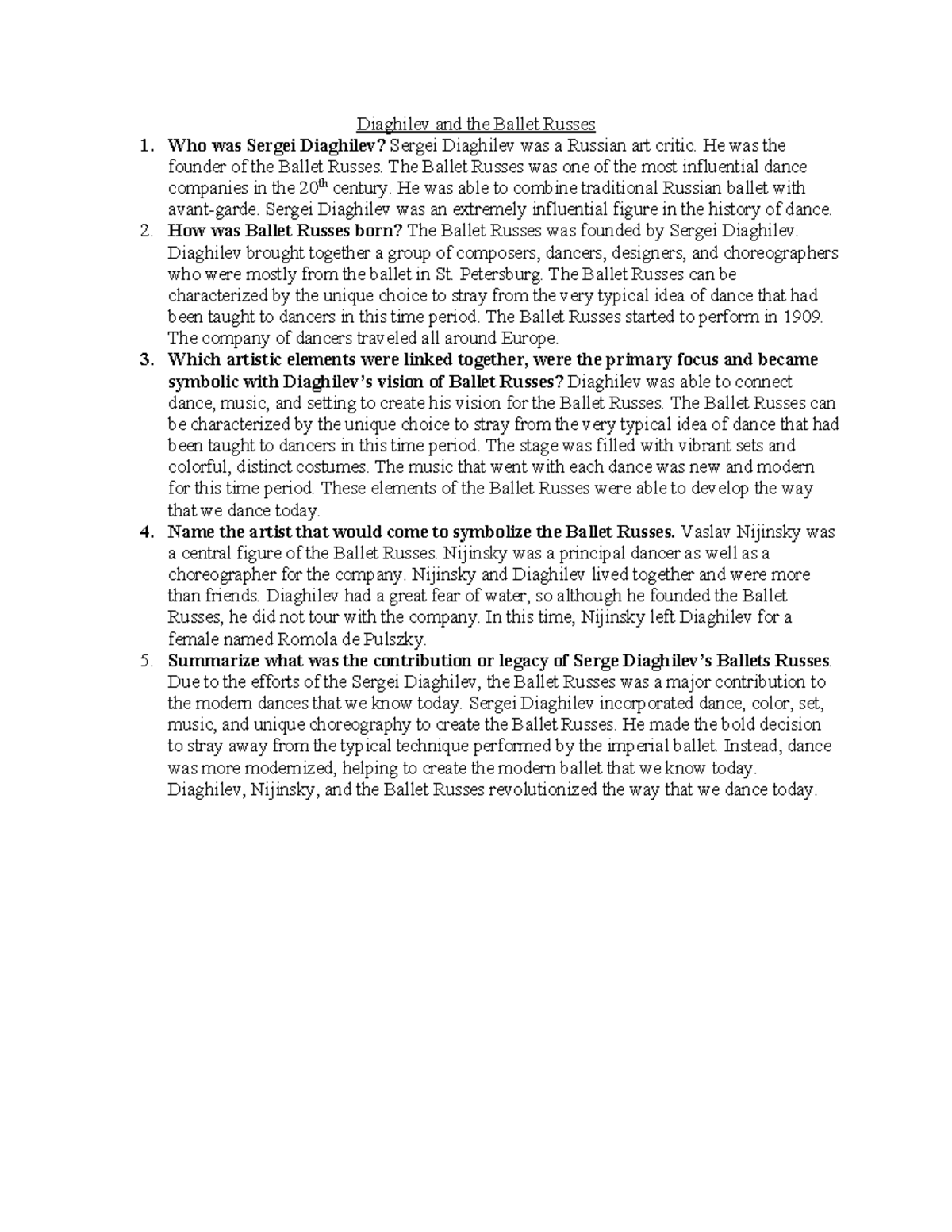Diaghilev and the Ballet Russes: Legacy of Modern Dance - Studocu