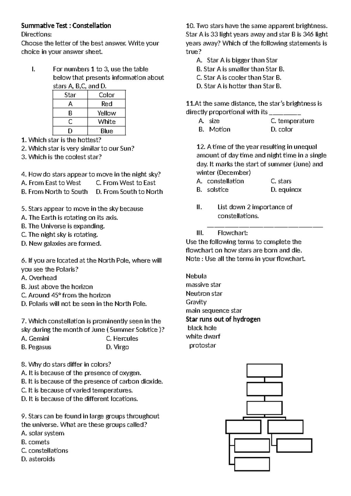 Constellation Summative Test: Understanding Stars and Their Movements ...