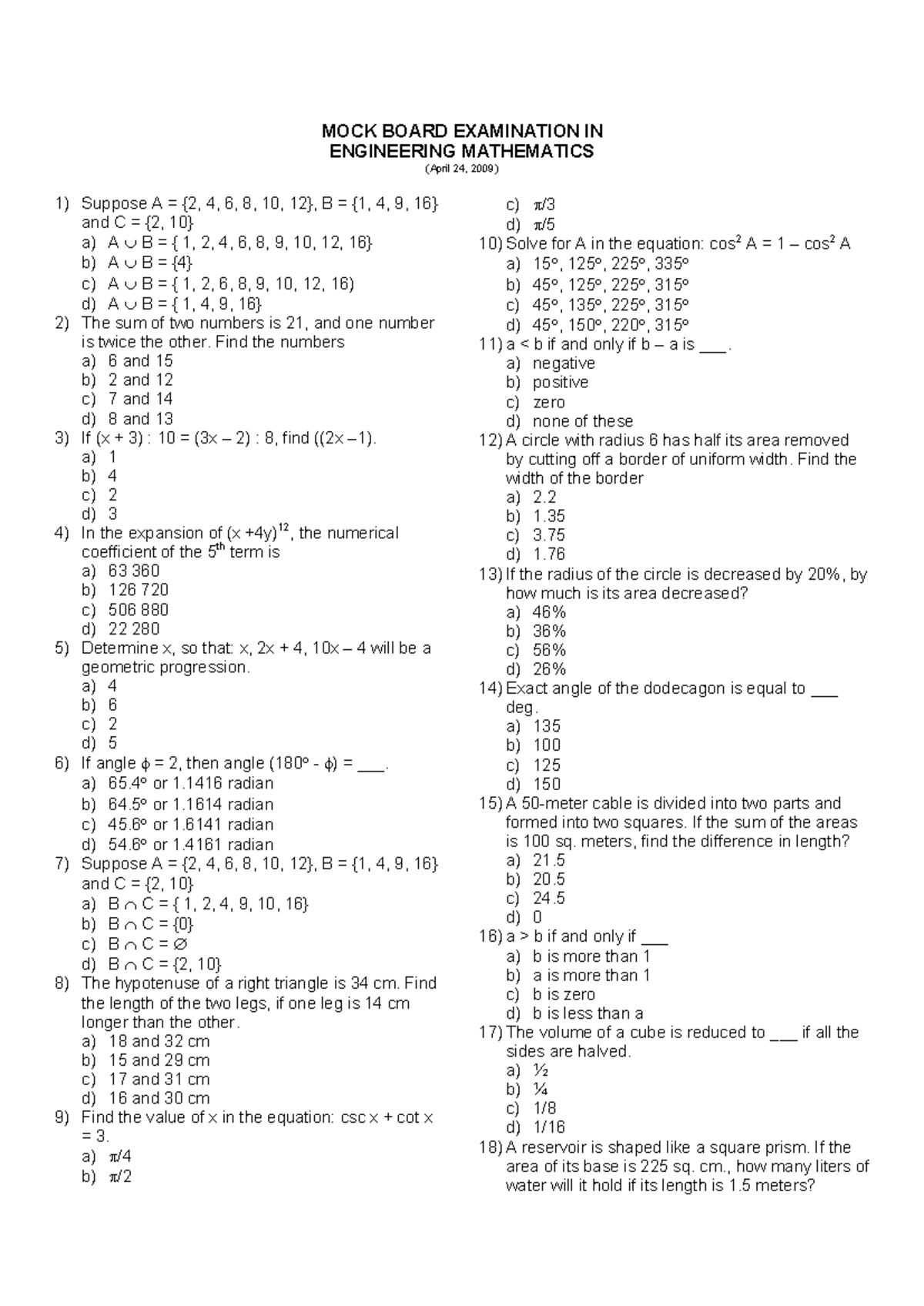 MOCK Board Examination IN Mathematics A - ####### (April - Studocu
