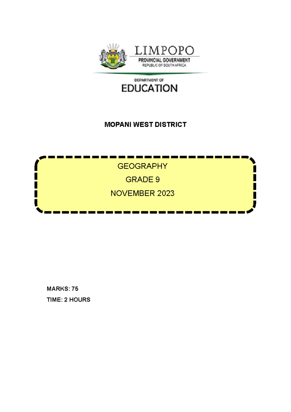 Grade 9 Geography Term 4 Exam Paper - November 2023 - Studocu