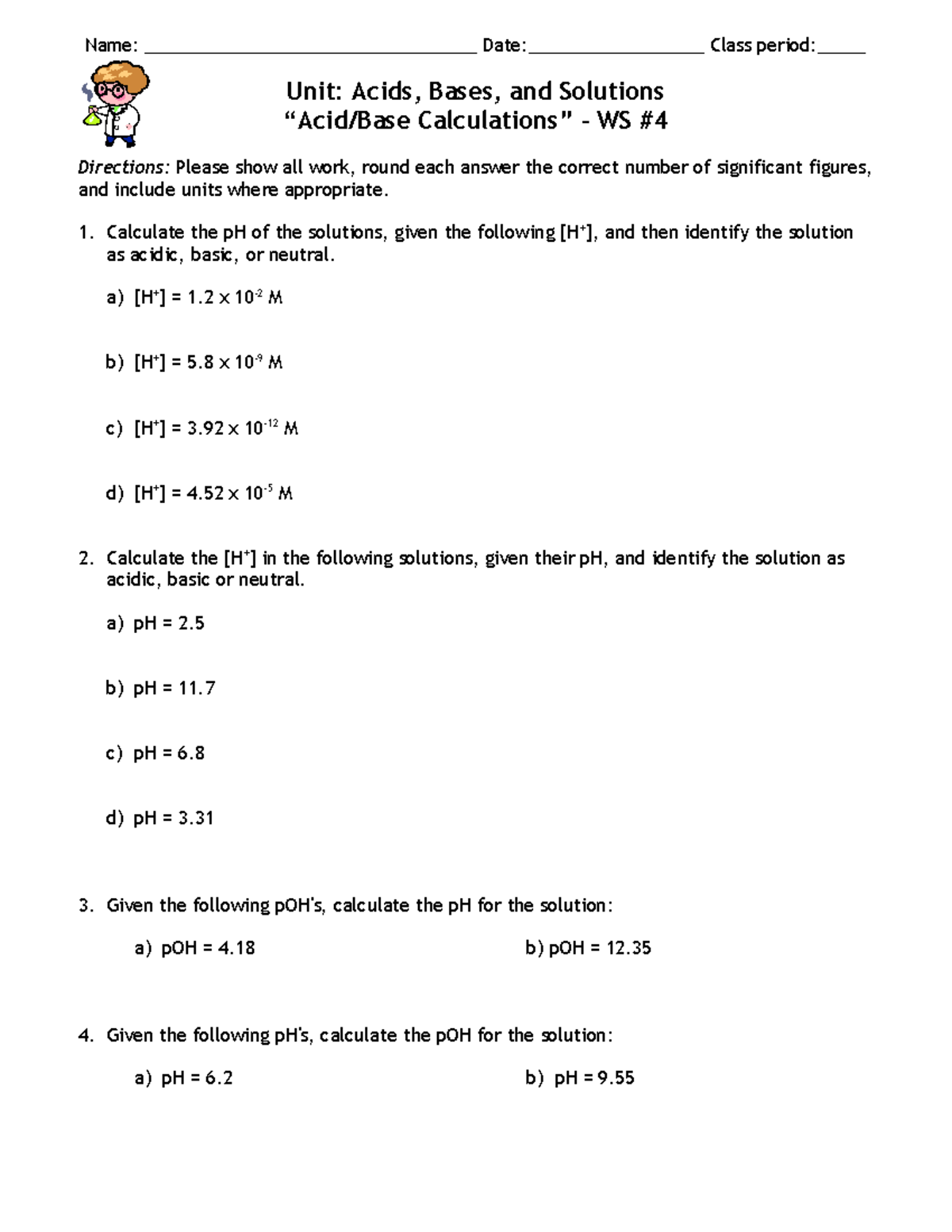Acid-Base Calculations Worksheet (WS) for Chemistry Class - Studocu