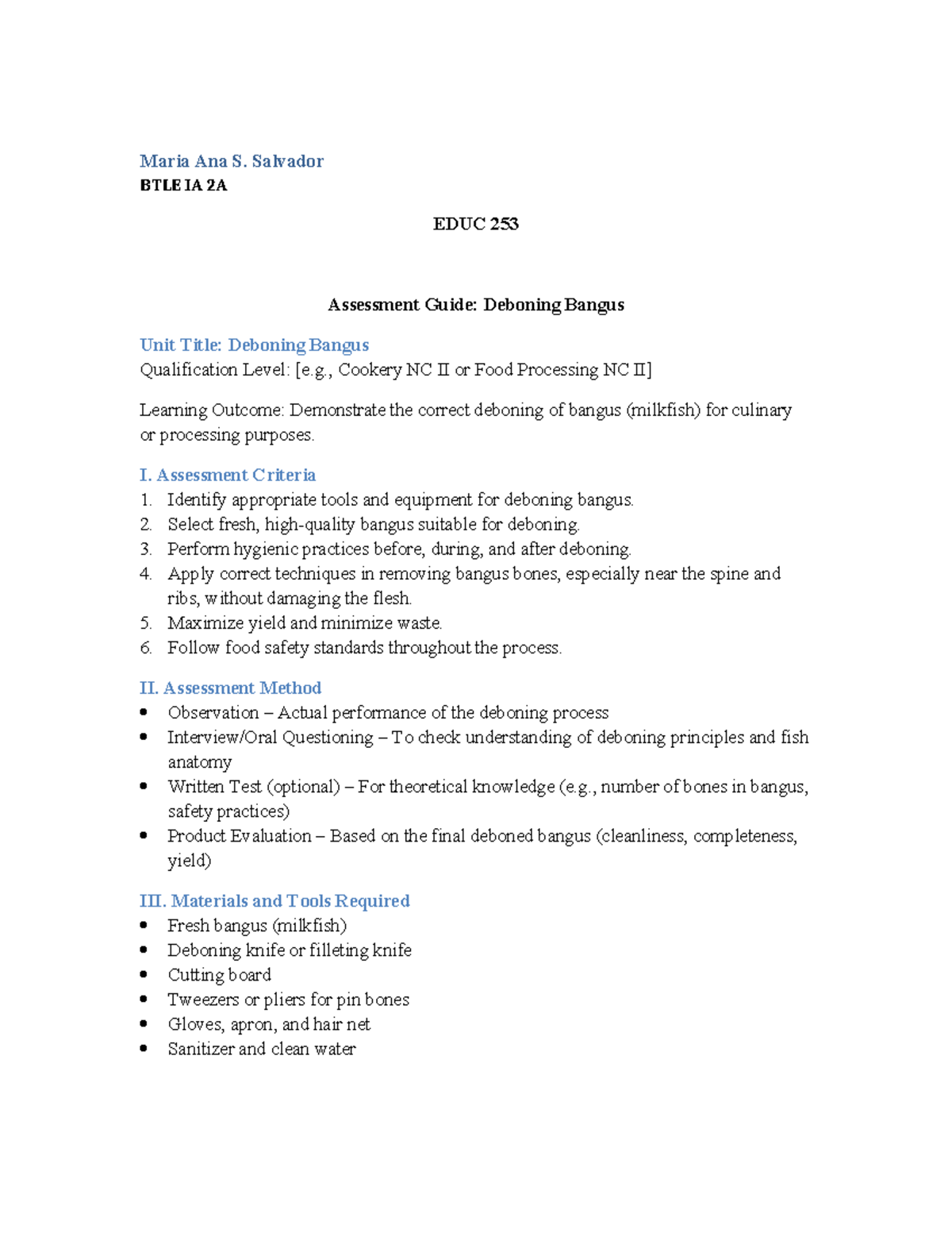 EDUC 253 Assessment Guide: Deboning Bangus Techniques and Criteria ...