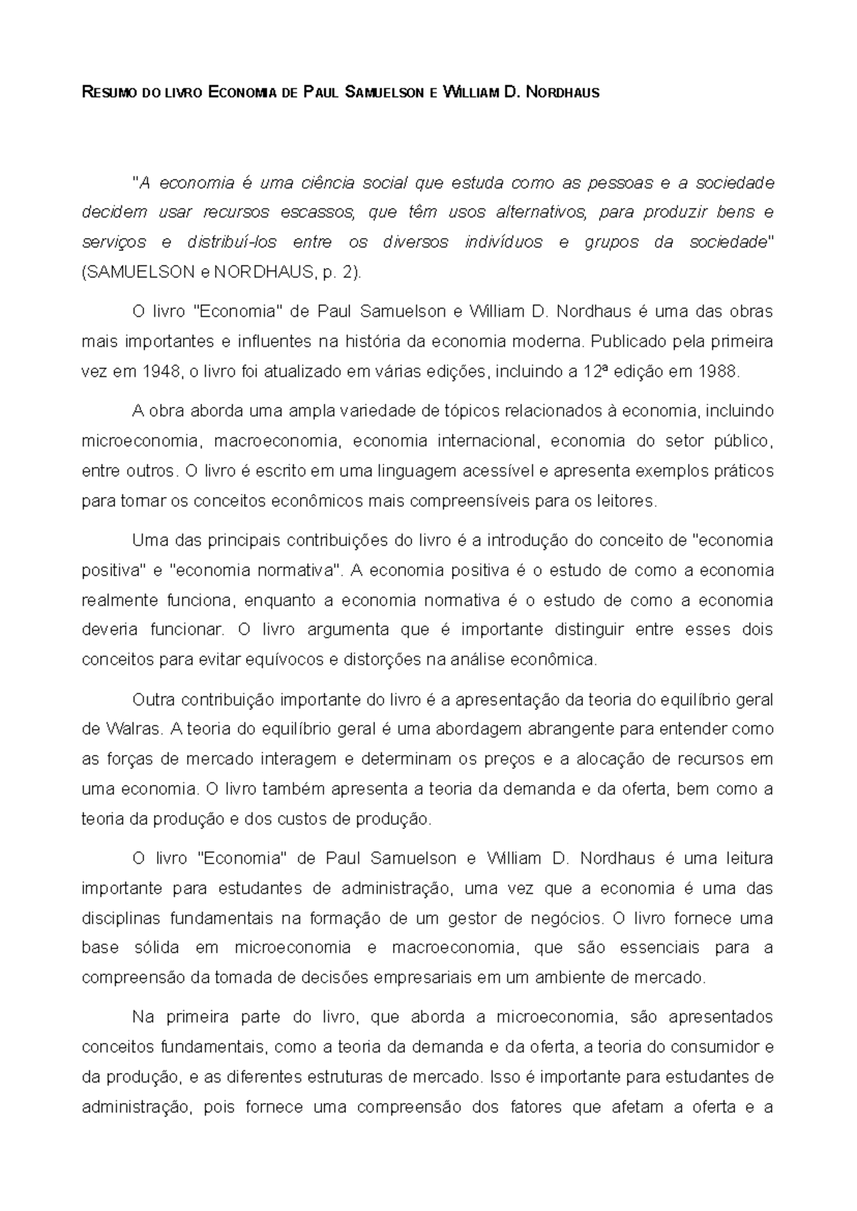 Resumo do Livro "Economia" de Samuelson e Nordhaus (12ª ed.) - Studocu