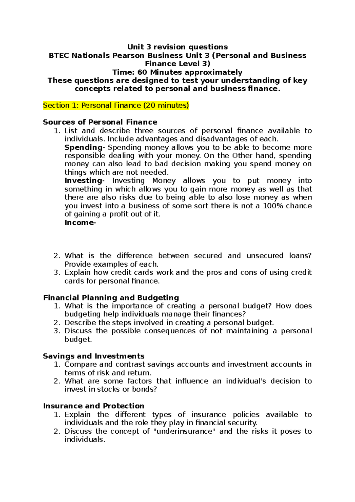 Unit 3 Revision Questions: BTEC Nationals Business Finance Level 3 ...