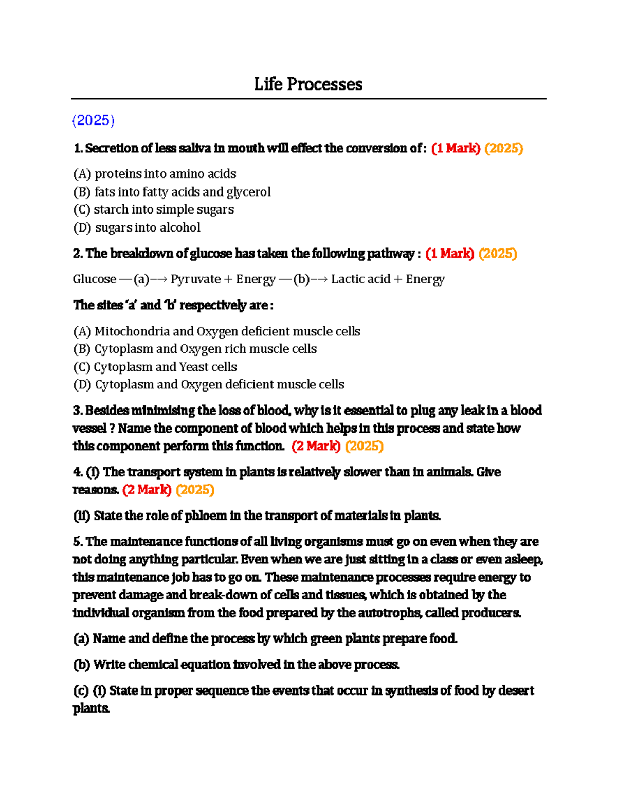 Life Processes Study Guide (2025) - Key Concepts and MCQs - Studocu