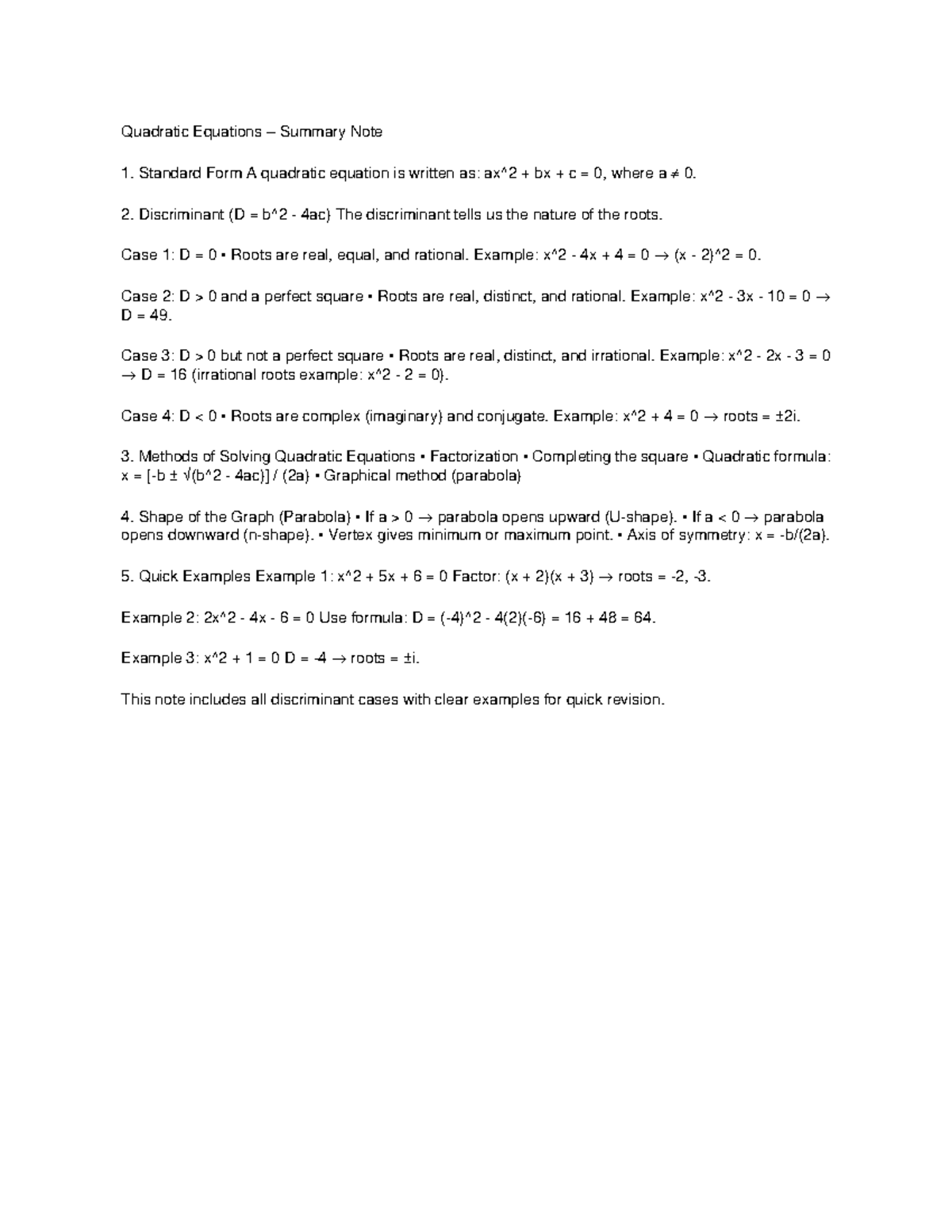 Quadratic Equations Summary Notes: Discriminants & Solutions - Studocu