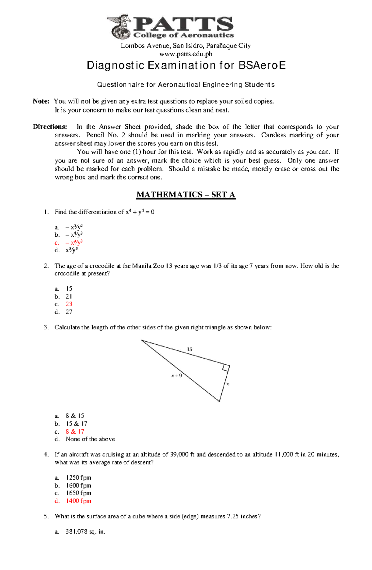 BSAeroE Diagnostic Exam: Mathematics Set A for Aeronautical Students ...