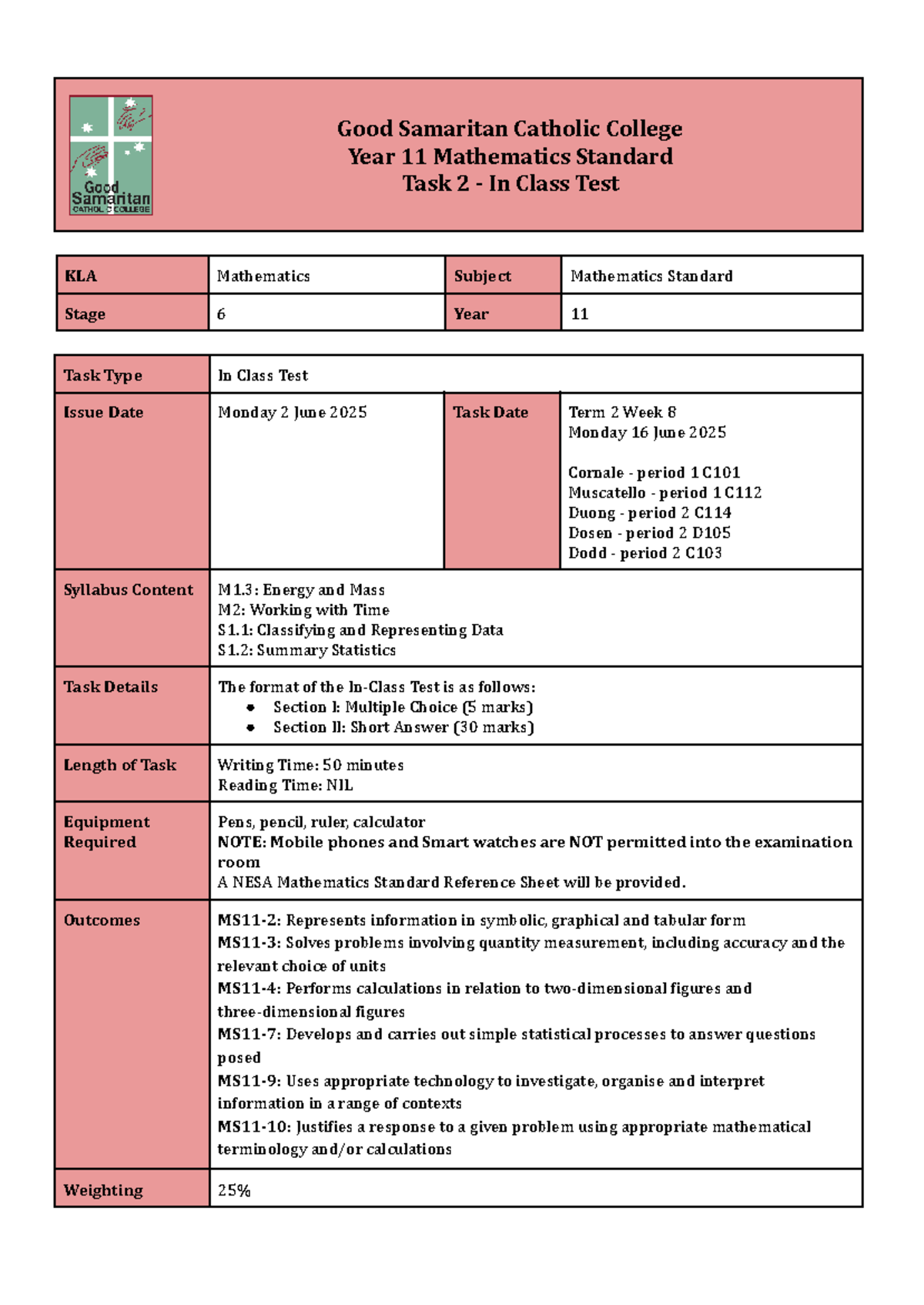 Year 11 Mathematics Standard Task 2 In-Class Test Notification (2025 ...