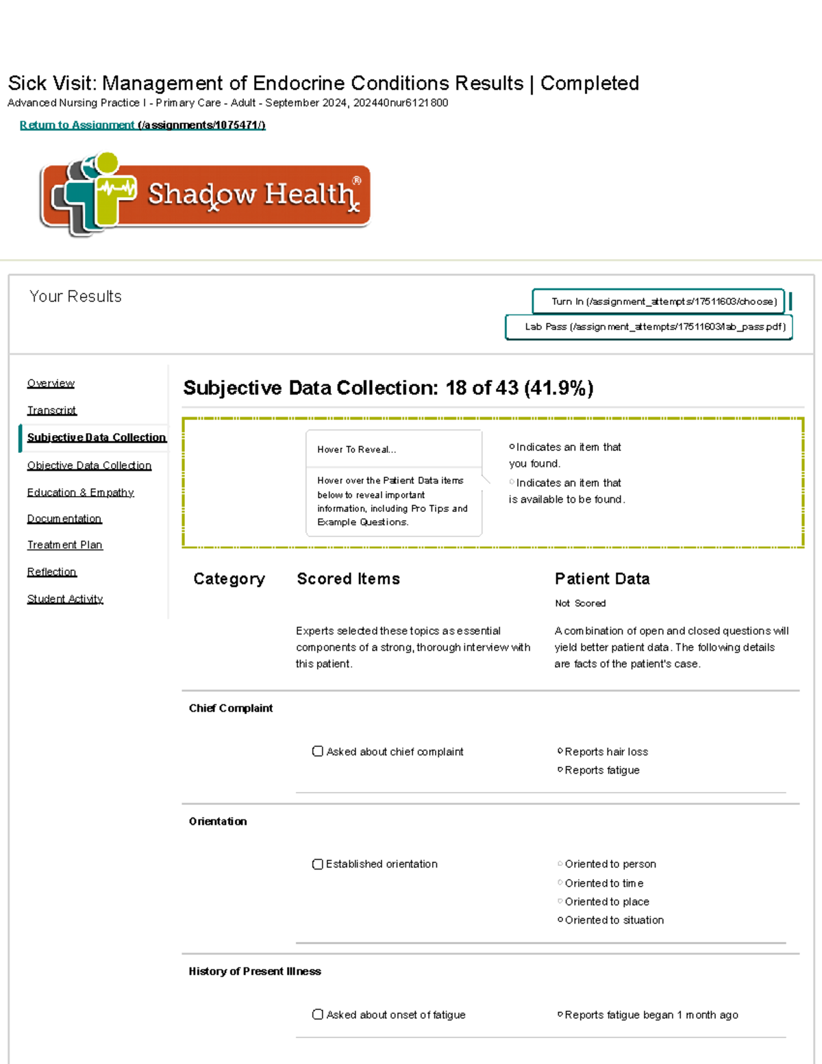 Advanced Nursing Practice I - 202440NUR - Subjective Data Collection ...
