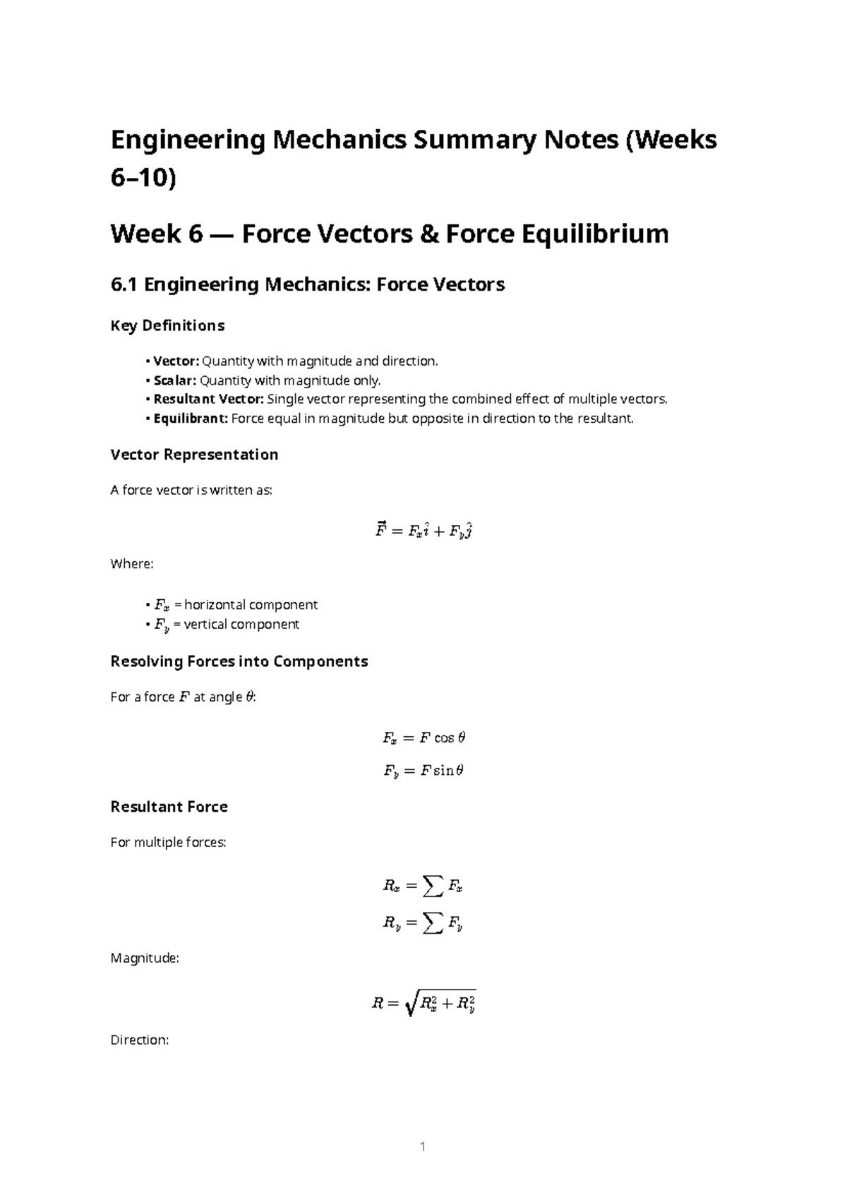 Engineering Mechanics (ENGR 101) Weeks 6-10 Summary Notes - Studocu