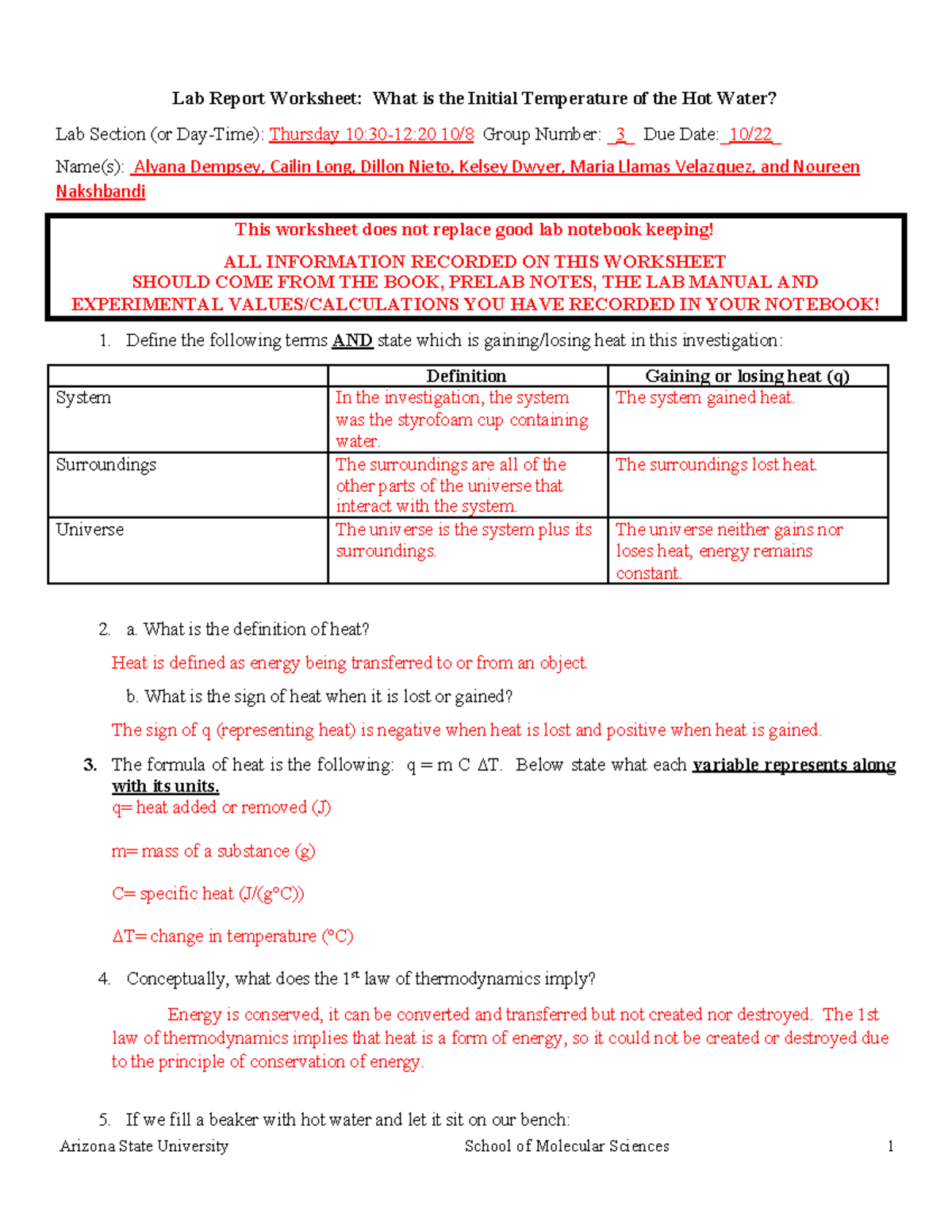 Lab 5: Determining the Initial Temperature of Hot Water in ...