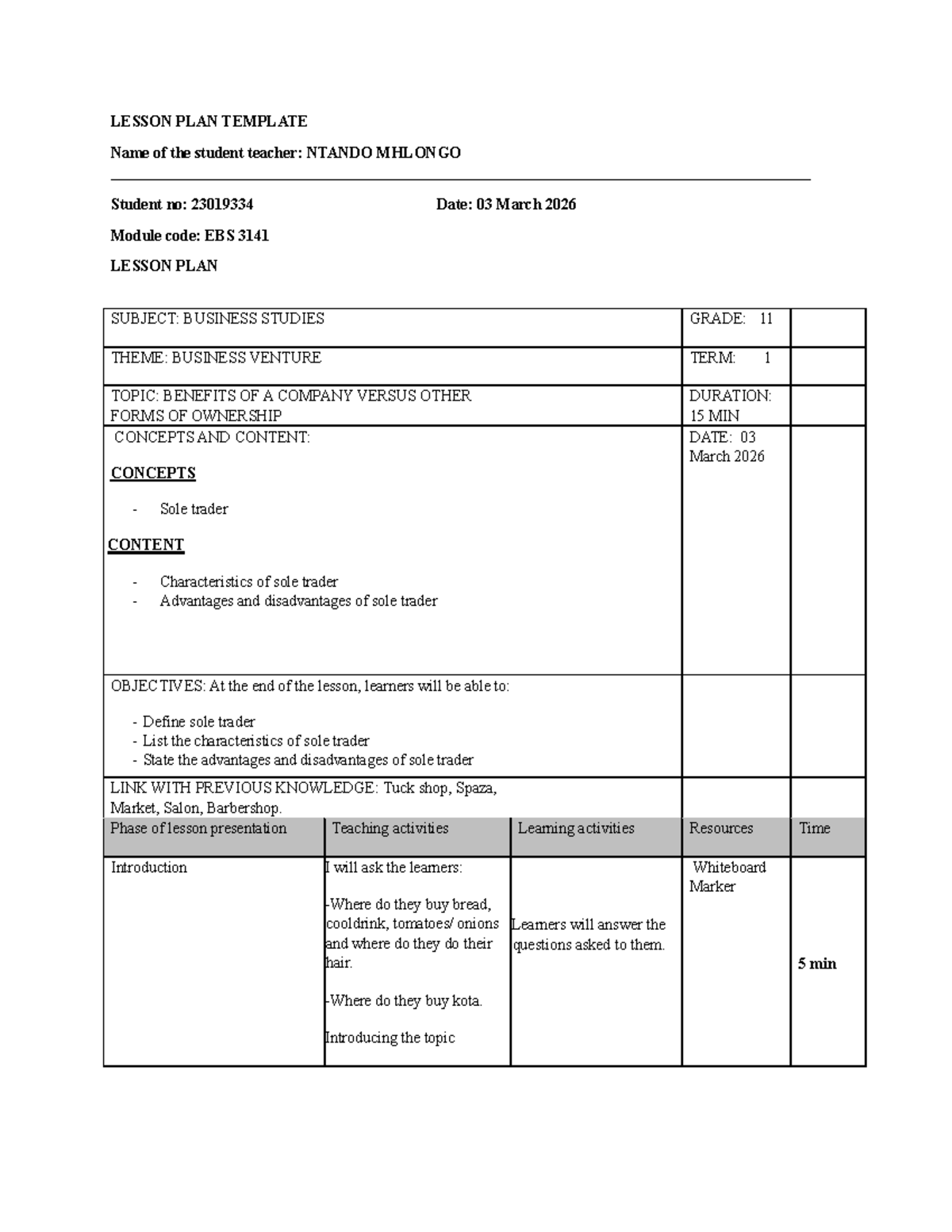 EBS 3141 Lesson Plan: Business Studies - Sole Trader (Grade 11) - Studocu