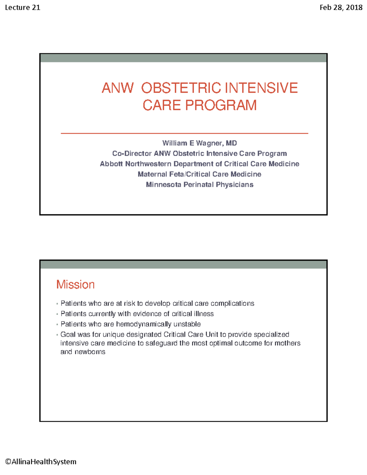 Lecture 21: ANW Obstetric Intensive Care Program Overview - Feb 28 ...