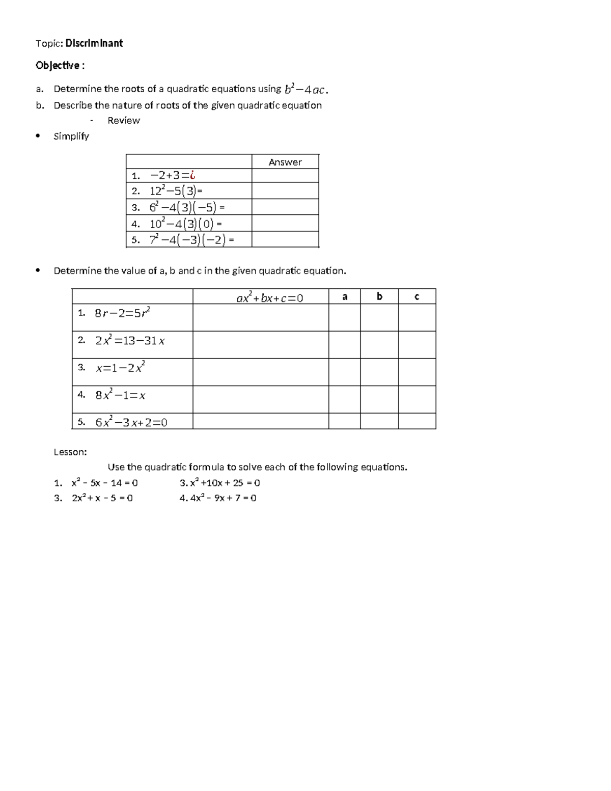OHS-Worksheet 5: Discriminant & Nature of Quadratic Roots - Studocu
