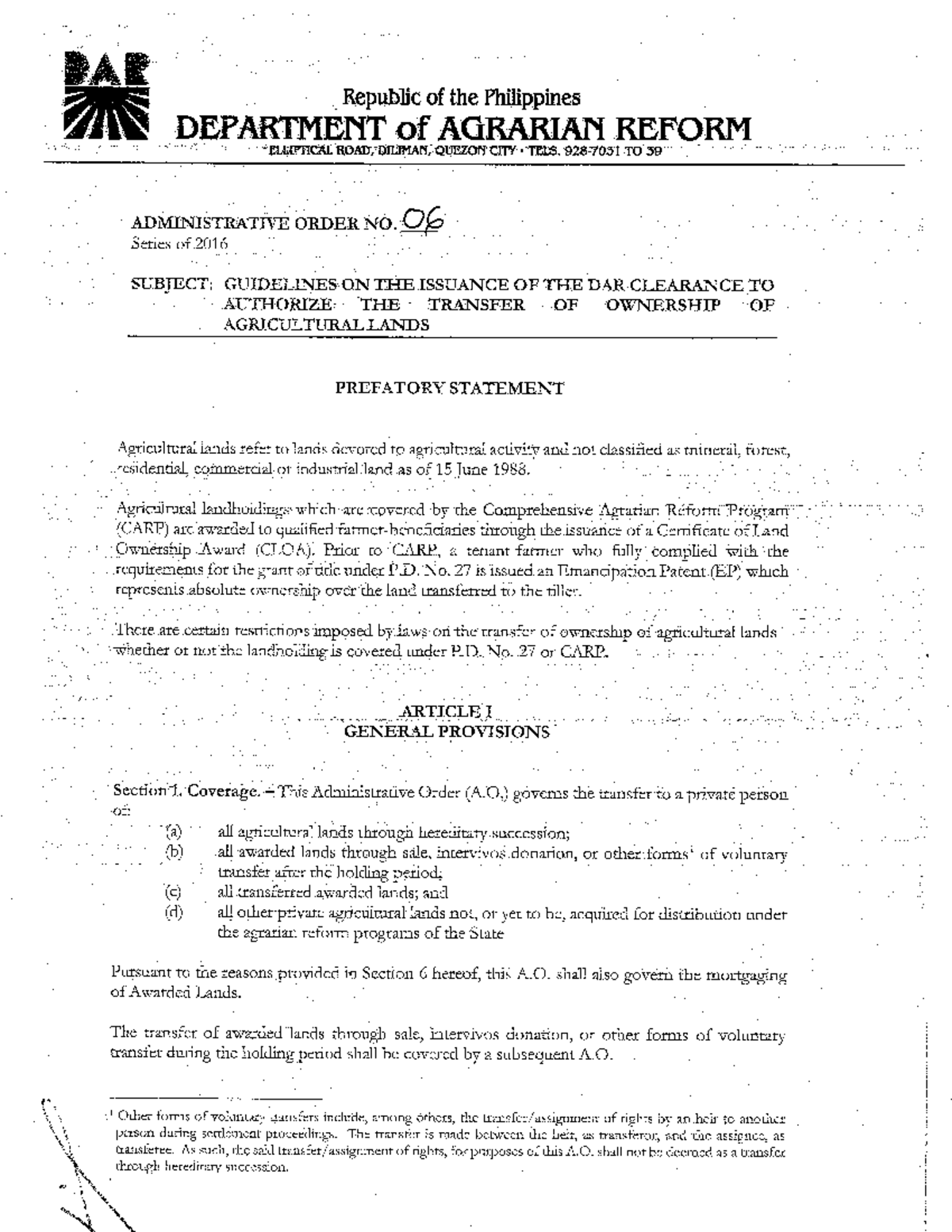 A.O. 06-2016: Guidelines for DAR Clearance on Agri Land Transfers - Studocu