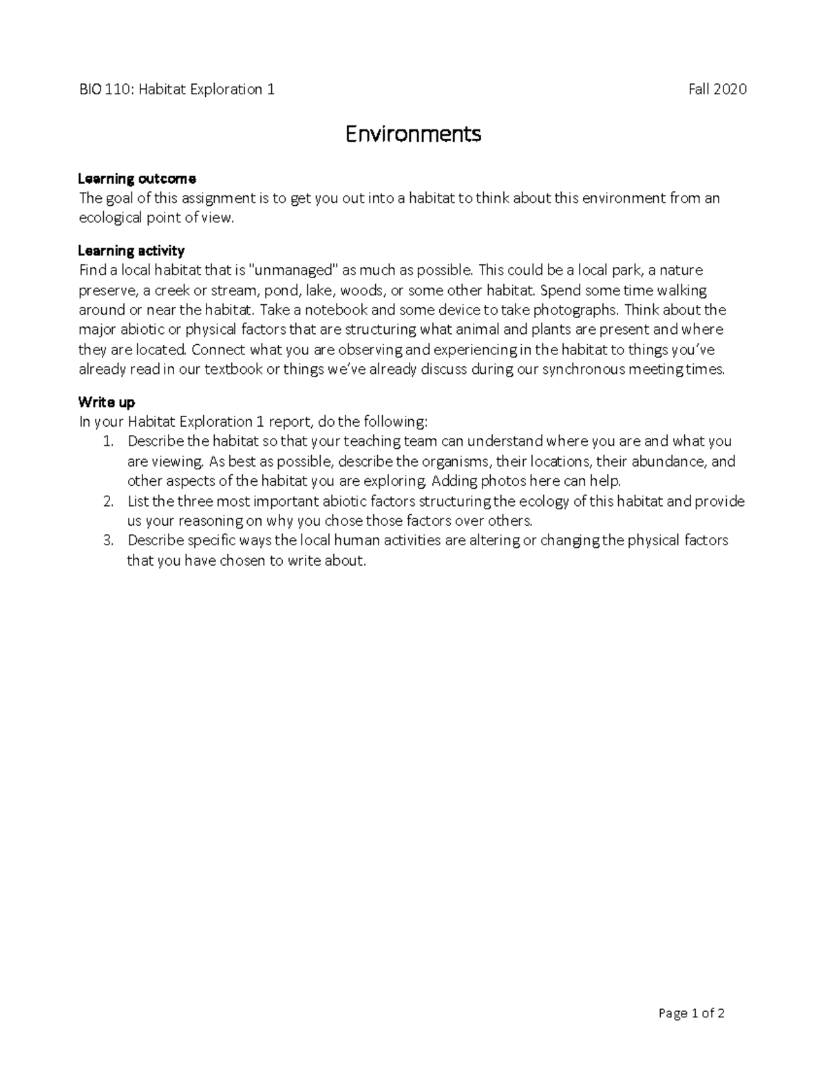 Habitat Exploration 1Environments - Page 1 of 2 BIO 110 : Habitat ...
