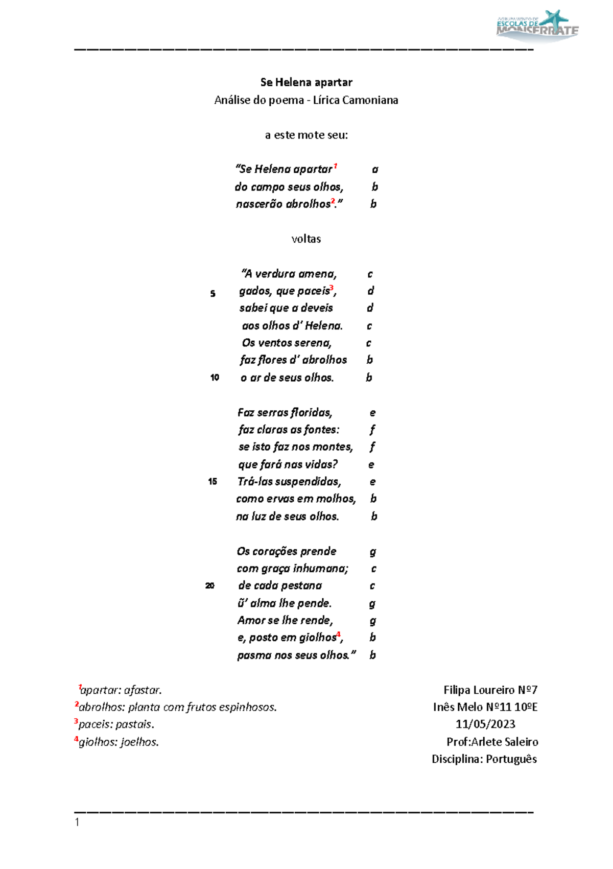 Análise do poema - Lírica Camoniana - Google Docs - Se Helena apartar ...