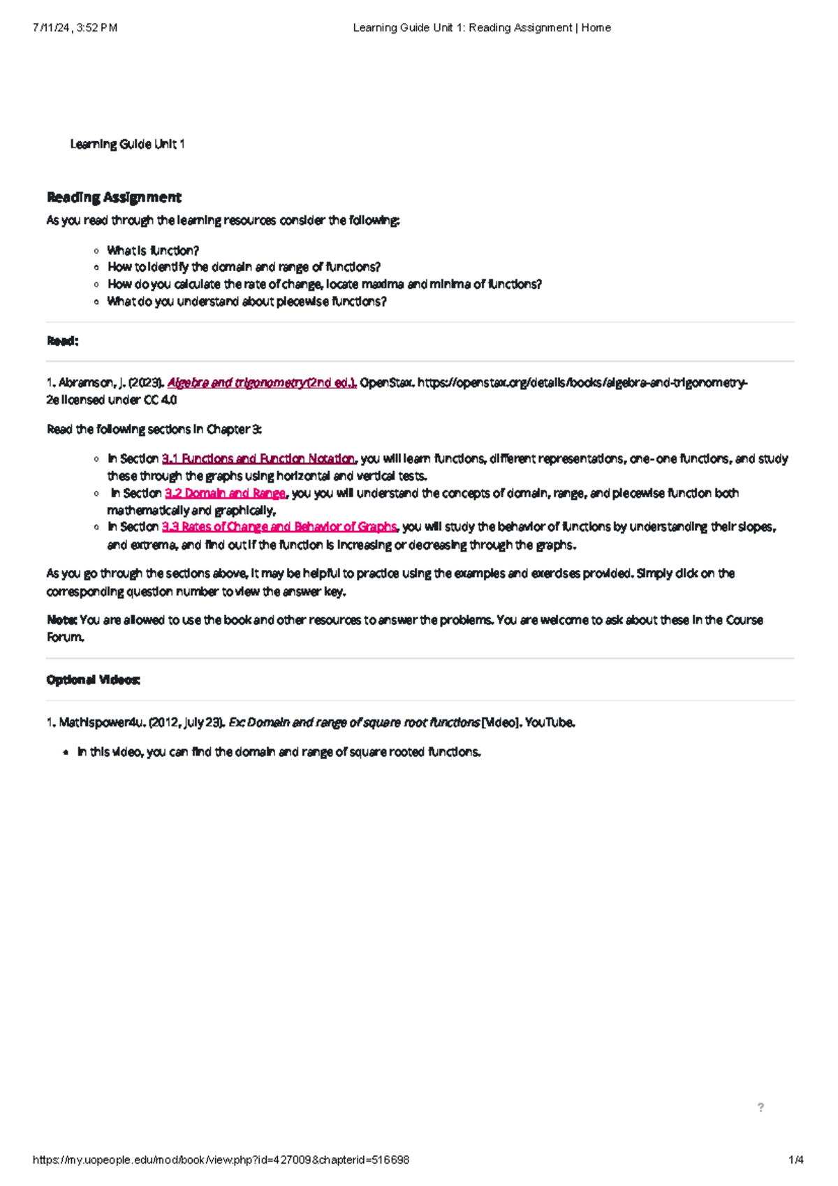 Math 1201, Learning Guide: Unit 1 Reading Assignment Overview - Studocu