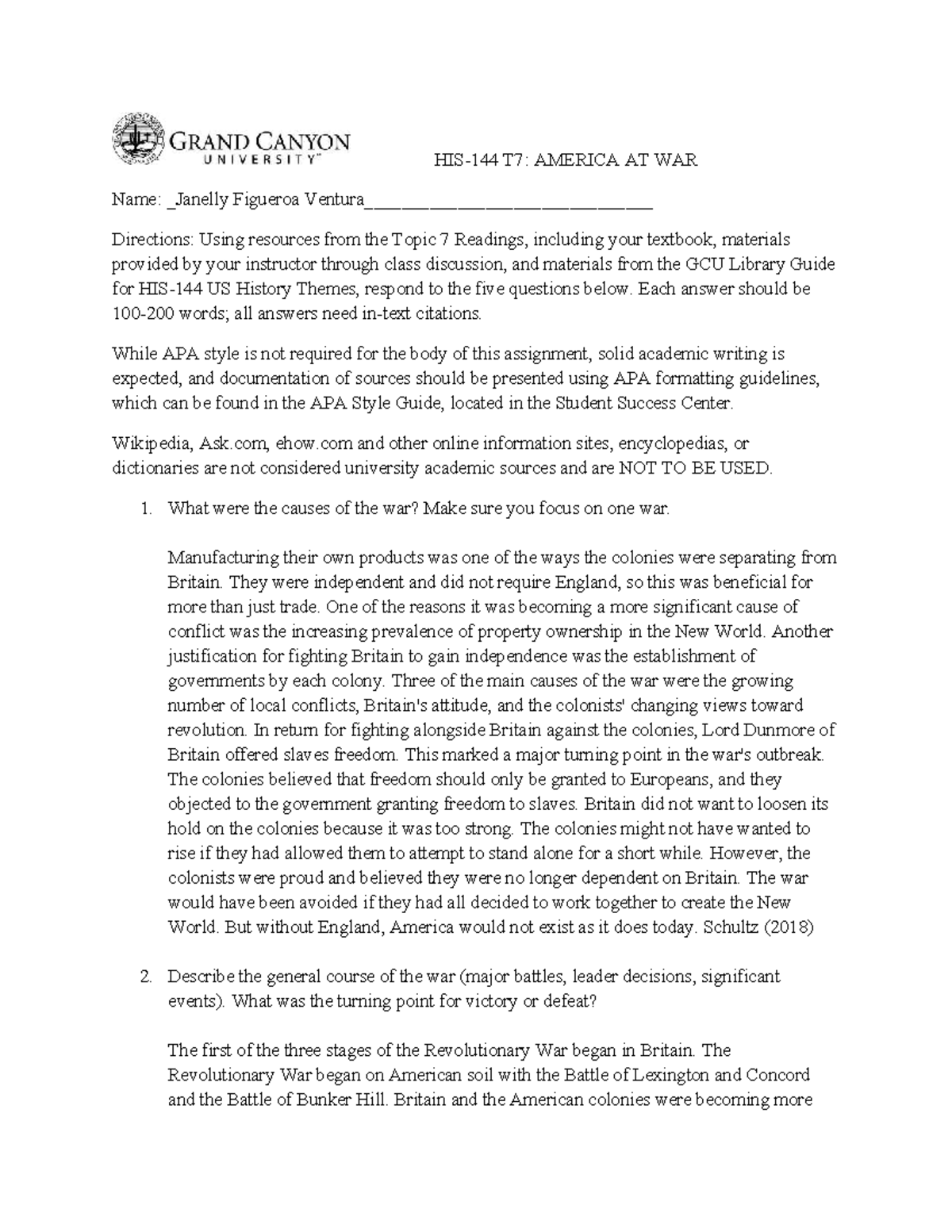 HIS-144: America at War - Worksheet Responses and Analysis - Studocu