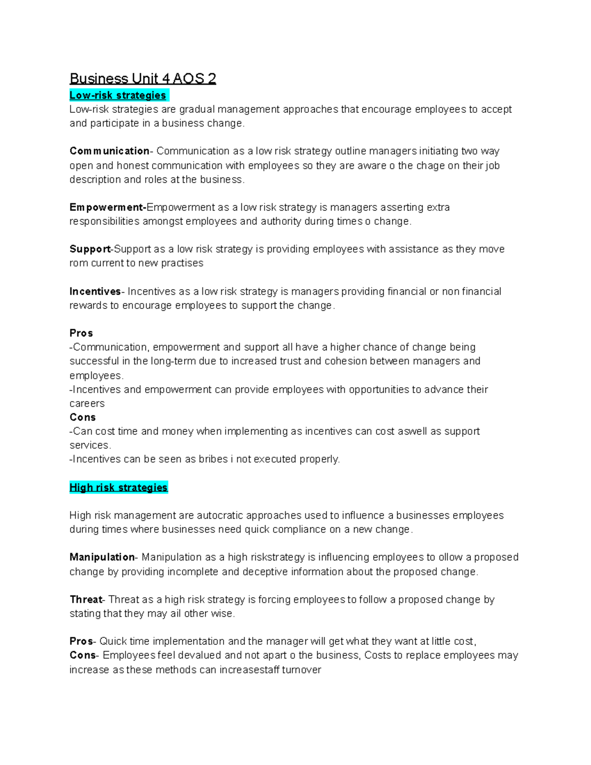 Business Unit 4 AOS 2 - Notes - Business Unit 4 AOS 2 Low-risk ...