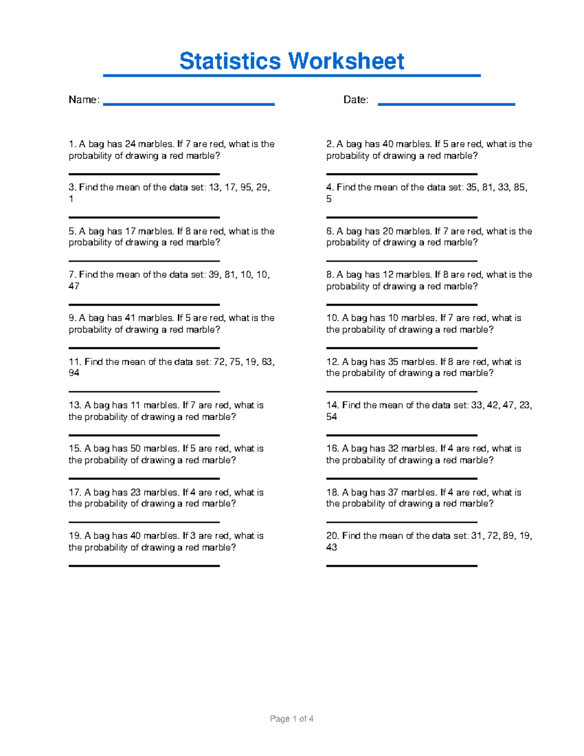 Statistics Worksheet 7: Probability & Mean Calculations - Studocu